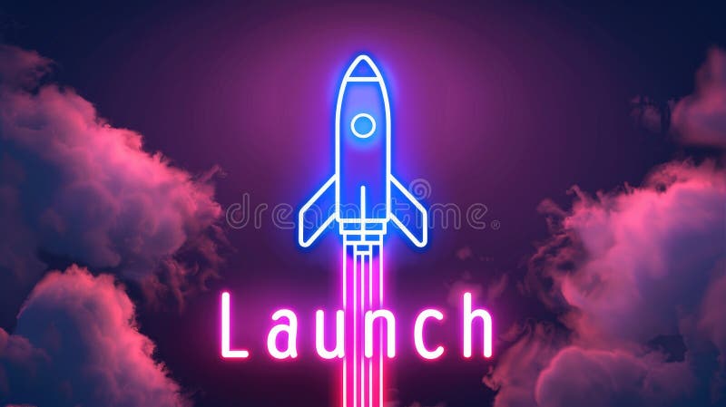 A Neon Sign of a Rocket Launching into the Sky Stock Illustration ...