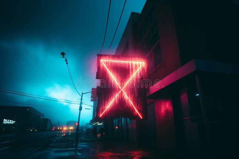 A Neon Sign on the Side of a Building in the Rain Stock Illustration ...