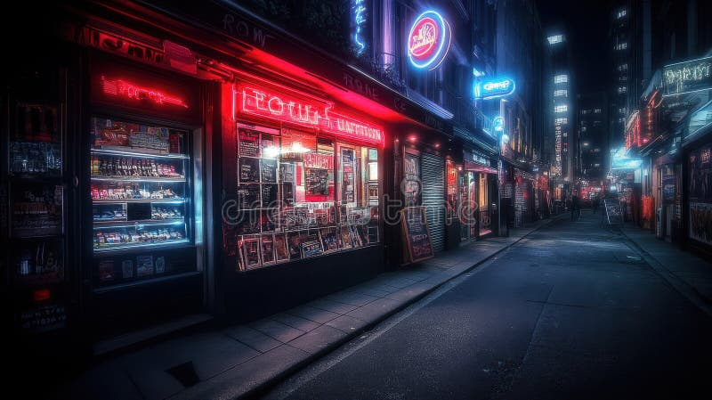 A Neon Sign is on the Side of a Building Stock Photo - Image of ...