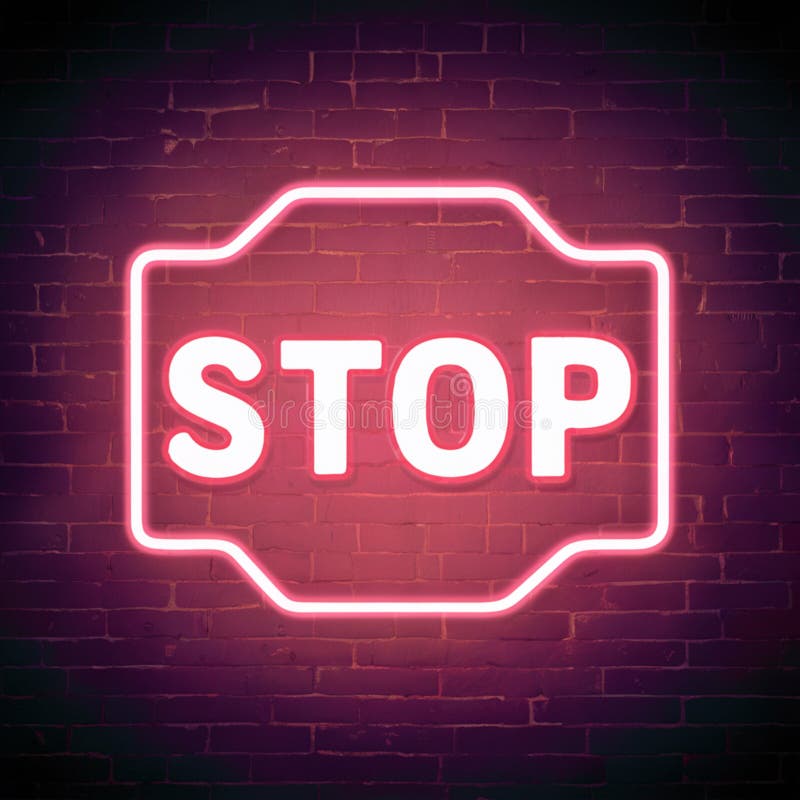 Neon Sign with STOP in Red Frame Against Dark Brick Wall Stock ...