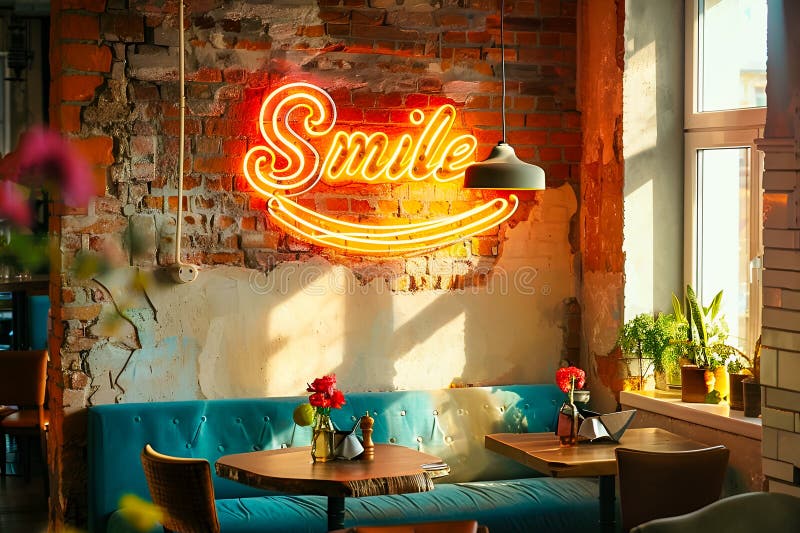 Neon Sign with Text Smile in a Grunge Cafe Stock Image - Image of ...
