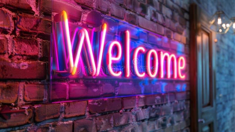 A Neon Sign Welcome in a Cursive Font on a Brick Wall Stock ...