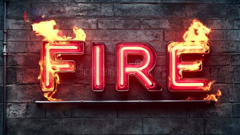 Neon Sign with the Word FIRE Burning in Flames on a Dark Brick Wall ...