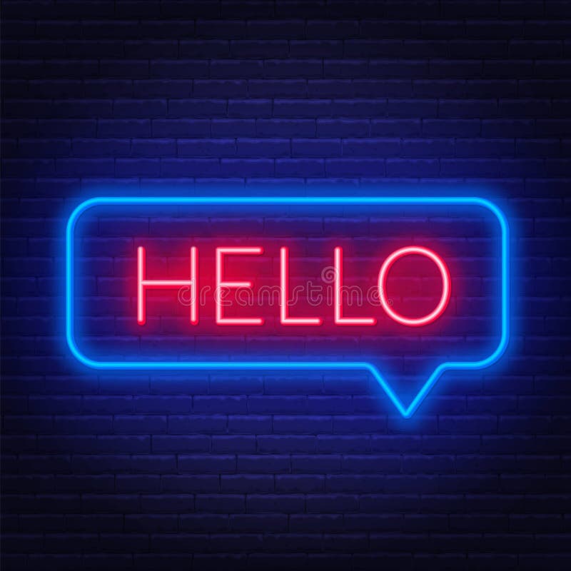 Neon Sign of Word Hello in Speech Bubble Frame on Dark Background ...
