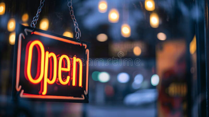 Neon Sign with the Word ‘Open’ in Red, Indicating that an Establishment ...