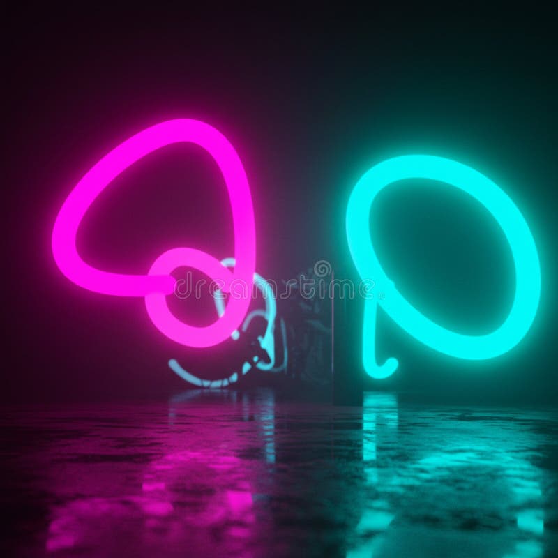 Neon Signs in a Dark, Reflective Environment Display a Pink, Triangular ...