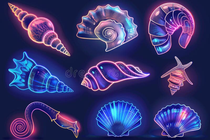 Neon Signs Featuring Various Types of Seashells Stock Image - Image of ...