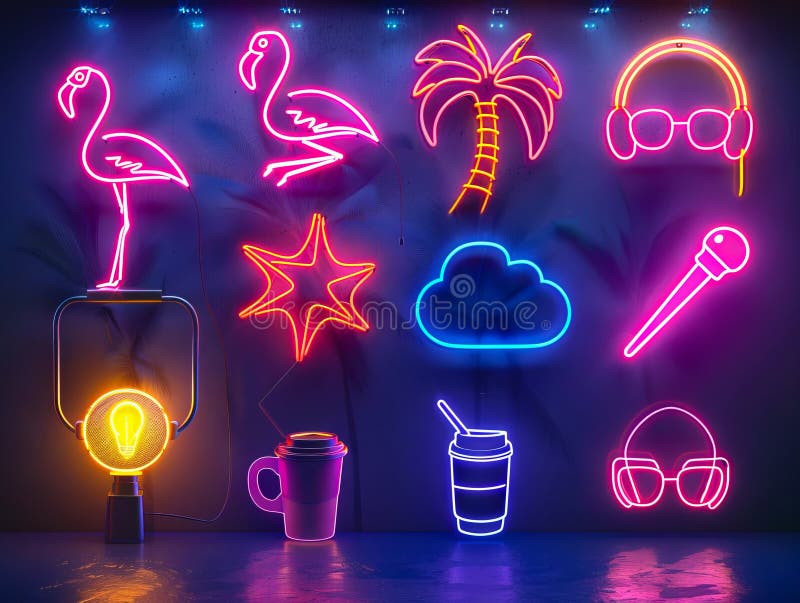 Neon Signs with Flamingos, Palm Trees and Other Objects Stock Image ...