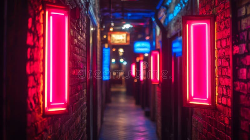 Neon Signs Illuminate Brick Alleyway Corridor Stock Illustration ...