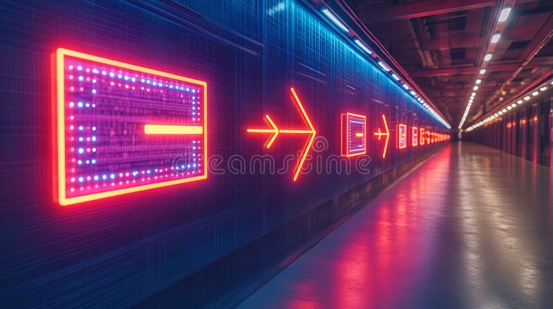 Neon Signs Illuminate a Futuristic Corridor Stock Illustration ...