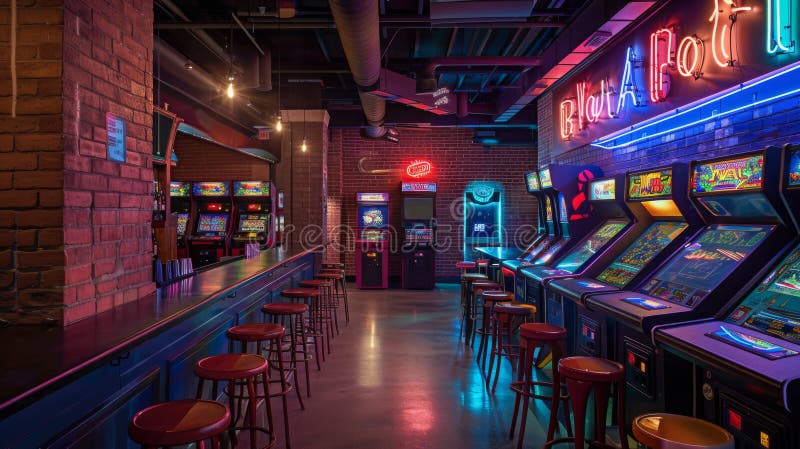 Neon-Lit Arcade with Retro Games at Night in Urban Brick Building Stock ...