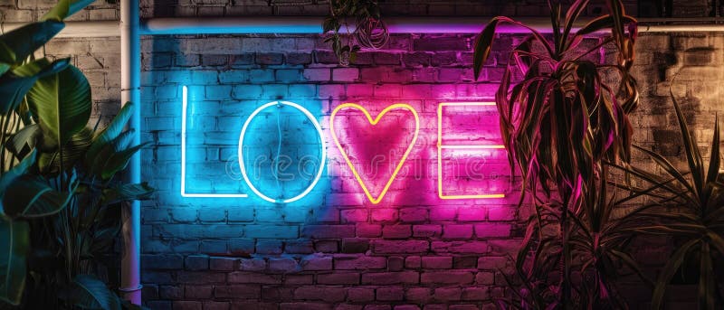 Neon Signs Spelling Out Love Against a Brick Wall Backdrop Stock ...