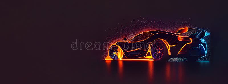 Neon Silhouette of Modern Car, Panoramic Layout. Stock Illustration ...