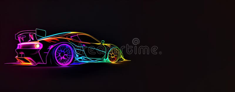 Neon Silhouette of Modern Car, Panoramic Layout. Stock Illustration ...