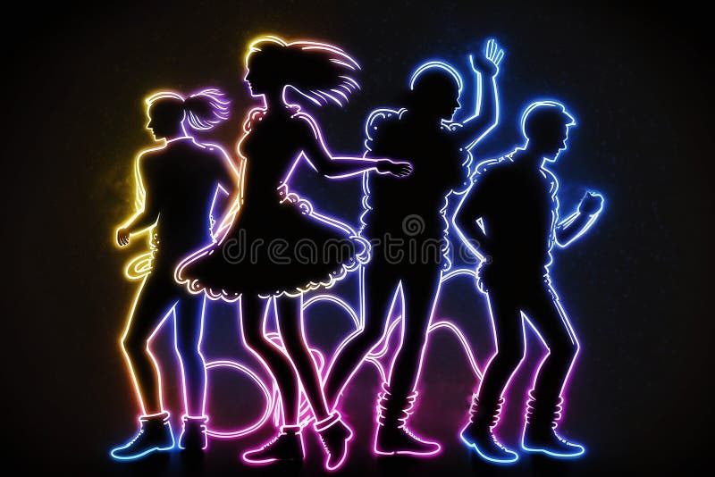 Neon Silhouettes of Dancing People on a Black Background Stock ...