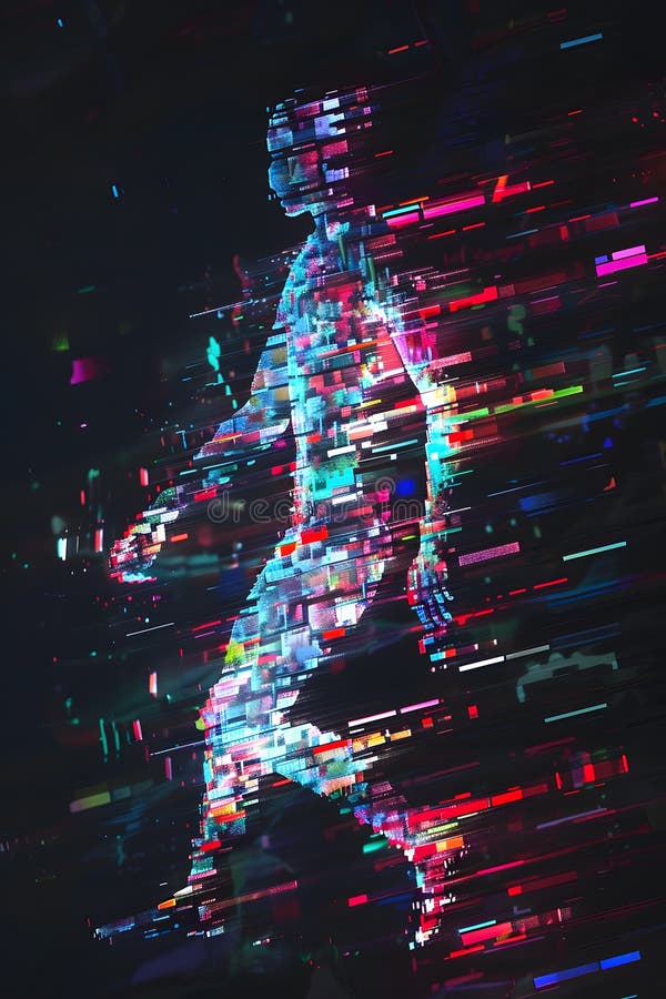 Abstract Digital Art with Neon Silhouettes and Dynamic Glitch Effects ...