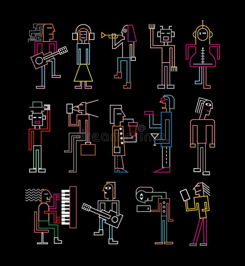Neon Silhouettes of the People Stock Vector - Illustration of guitar ...