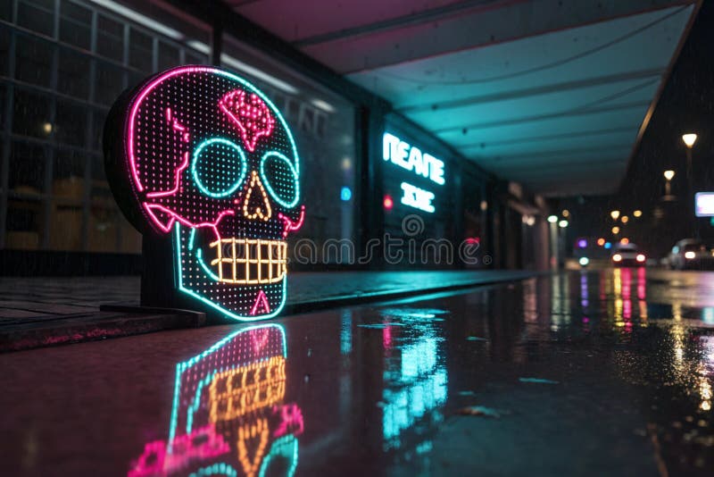 Neon Skull with Pixelated Texture on Reflective Surface - Generated by ...