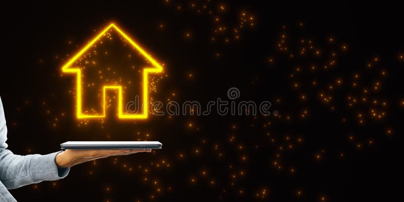 Neon Smart Home Icon Floating Above a Tablet on a Dark Background Stock ...