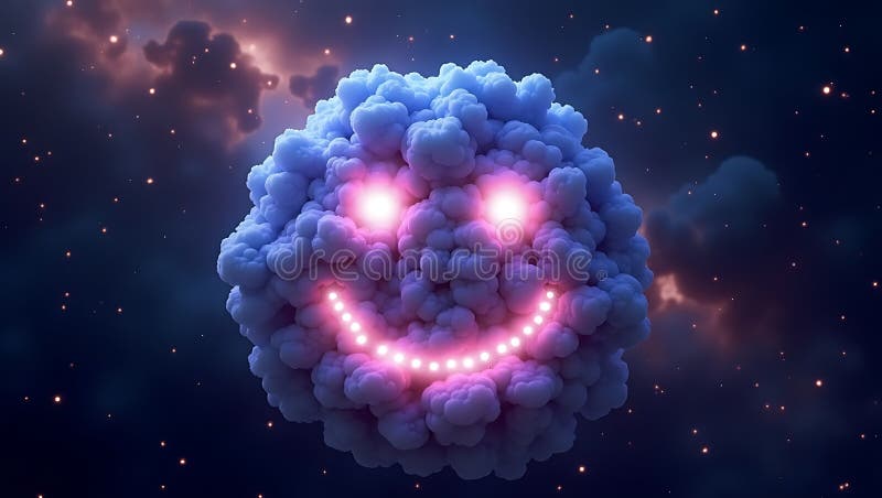 Neon Smiley Cloud: Glowing Face in the Night Sky Stock Illustration ...