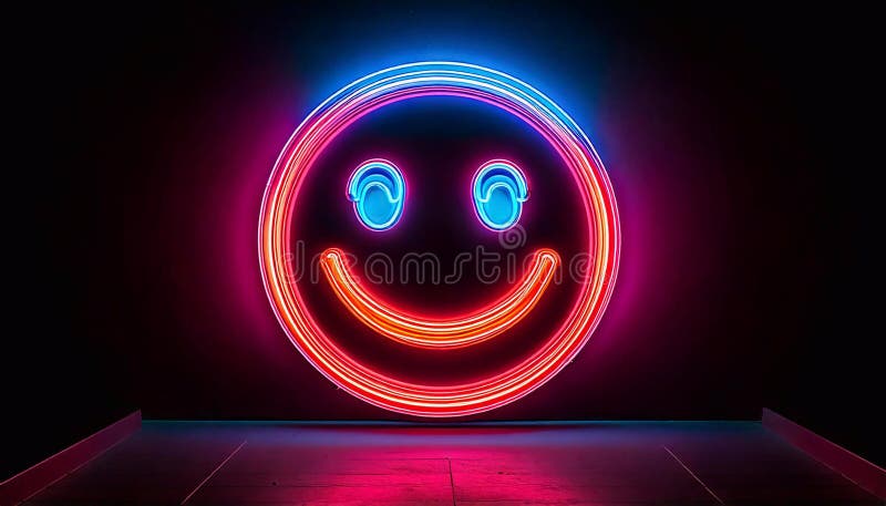 A Neon Smiley Face Glows Brightly, Spreading Cheer in a Dark Space ...