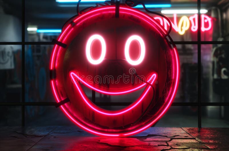 Neon Smiley Face Sign in the Dark Stock Photo - Image of mood, sign ...