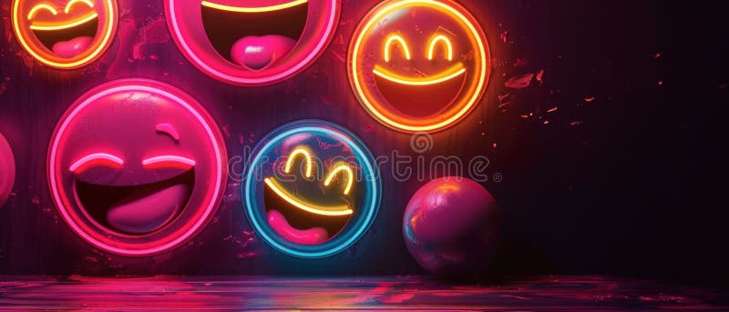 Neon Smiley Faces on Dark Background. Generative Ai Stock Illustration ...
