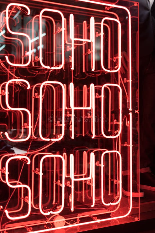 Neon Soho Sign stock photo. Image of lamp, district, industry - 80319384
