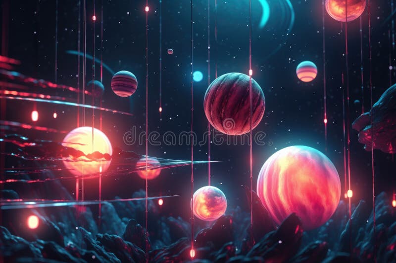 Neon Solar System with Planets and Stars in Space Stock Illustration ...