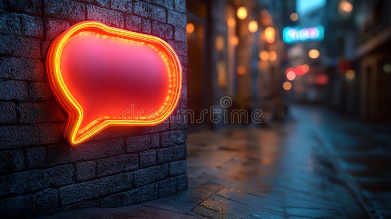 Neon Speech Bubble Sign on Stone Wall, Illuminated in a Lively Urban ...