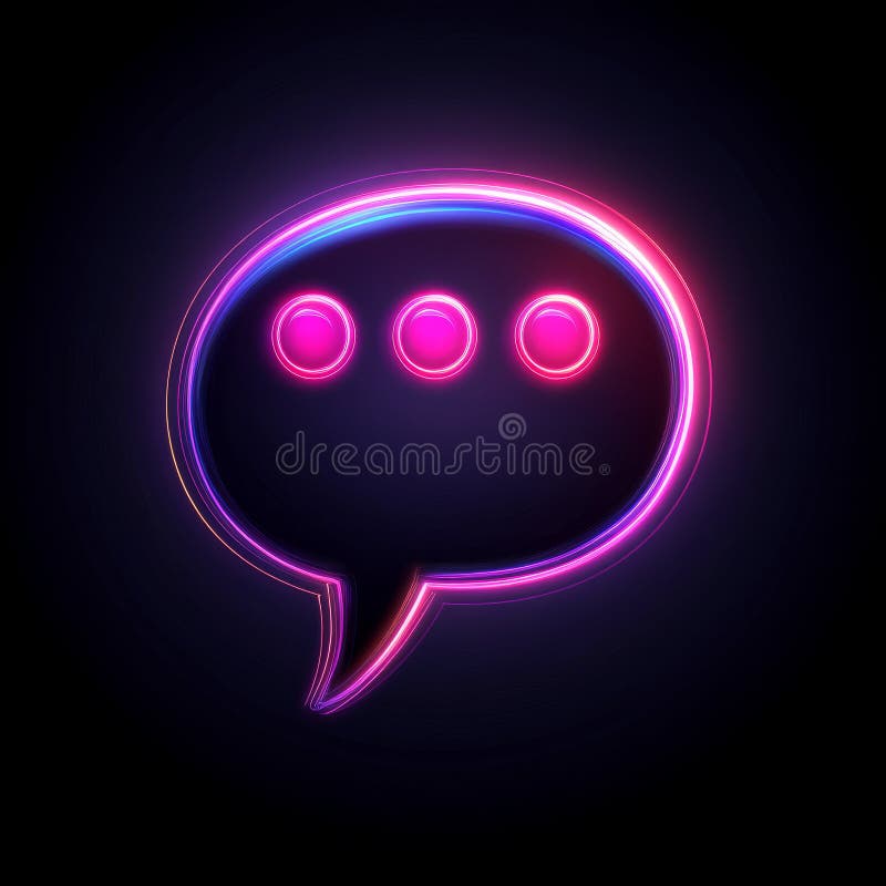 Neon Speech Bubble with Three Dots on Dark Background. Stock Photo ...