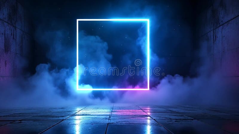 Neon Square Frame Glowing in Dim Room with Smoke and Mist Stock Video ...