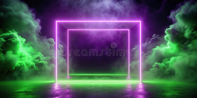 Neon Square Gateway in a Haze of Green and Purple Smoke. Generative AI ...
