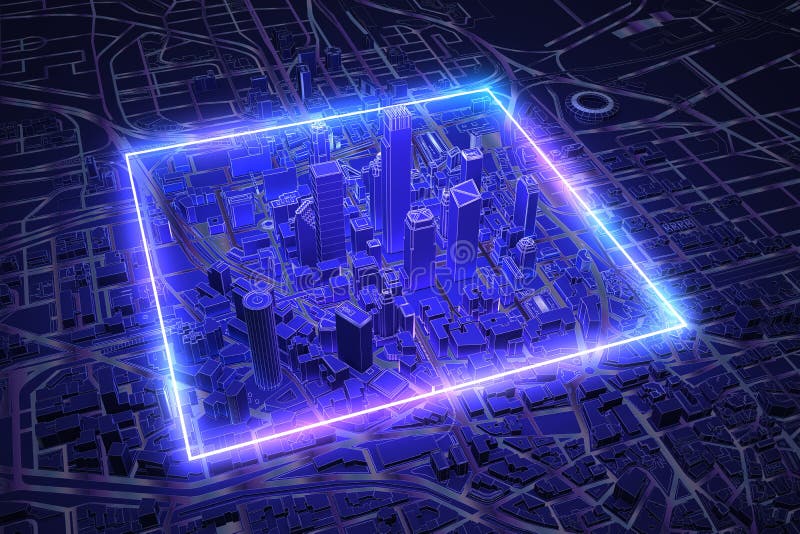 Neon Square Over Dark City Aerial View Stock Illustration ...