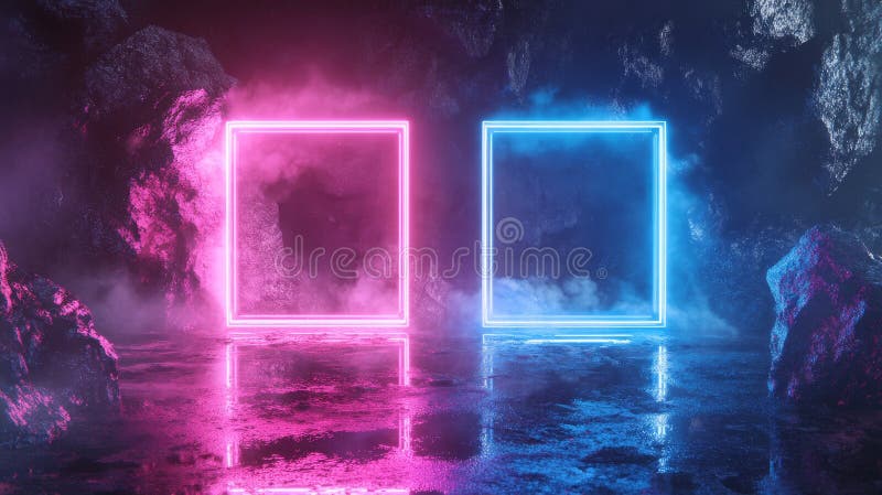 Neon Squares in Dark Rocky Environment, Futuristic Concept Stock Image ...