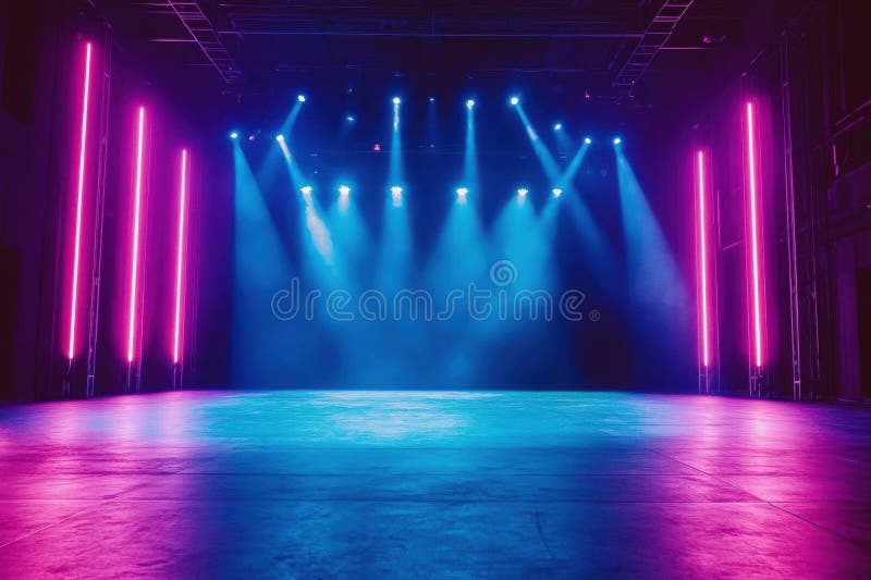 Neon Stage with Blue Pink Lights Stock Illustration - Illustration of ...