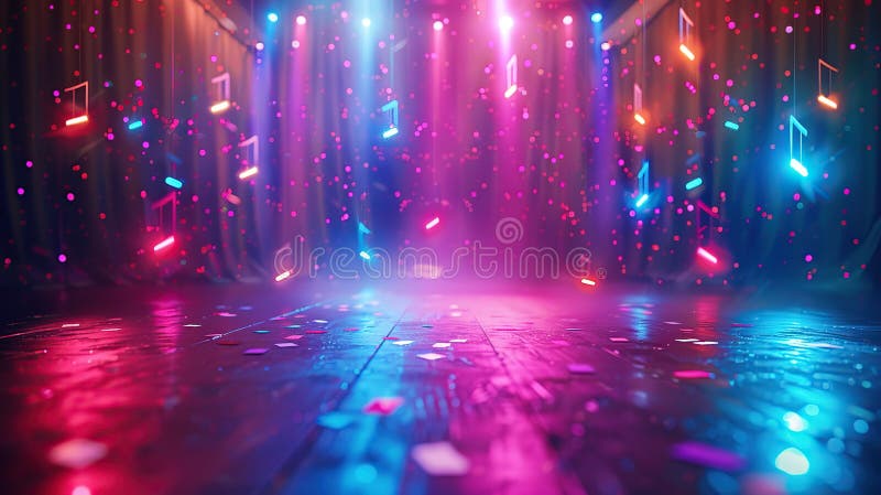 Neon Stage with Music Notes Stock Illustration - Illustration of ...