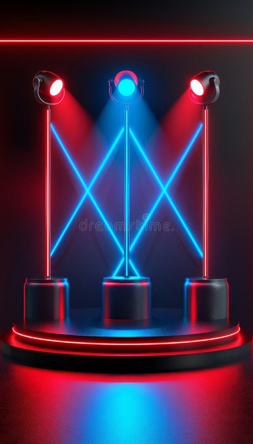 Neon Stage, Red and Blue Lights, Podium, Geometric Shapes, 3D Render ...