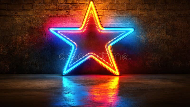 Neon Star in Blue and Red Glowing Against Dark Brick Wall Background ...