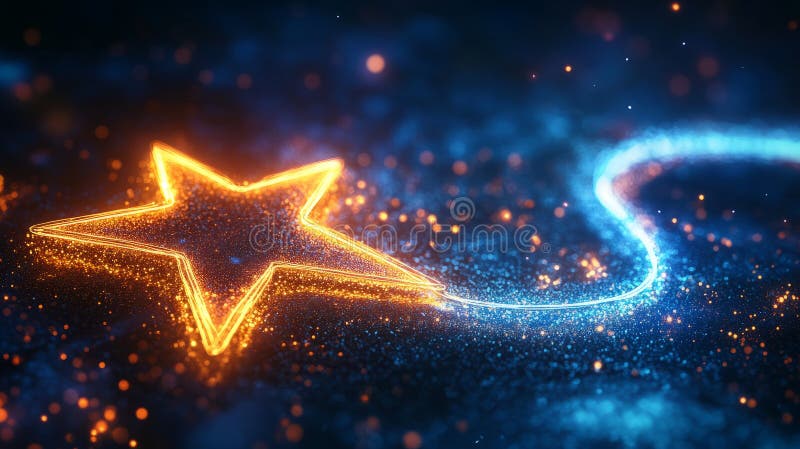 Neon Star Glowing with Light Trail on a Sparkling Blue Background Stock ...