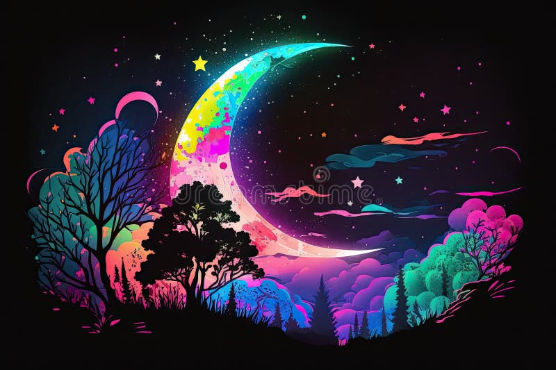Neon Starry Sky with Glowing Moon. Generative AI Stock Illustration ...