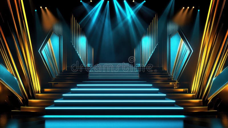 Neon Steps To Glory: Illuminated Stage Design with Golden Accents Stock ...