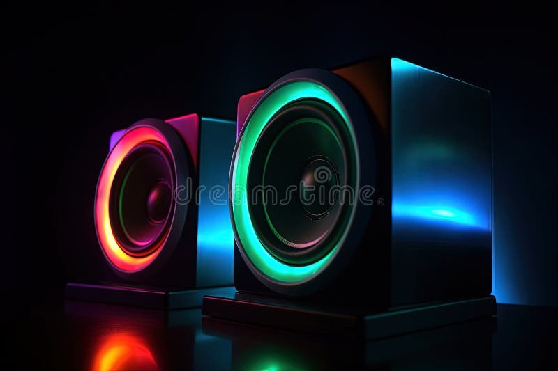 Neon Stereo Speakers on Dark Background with Reflection for Music ...