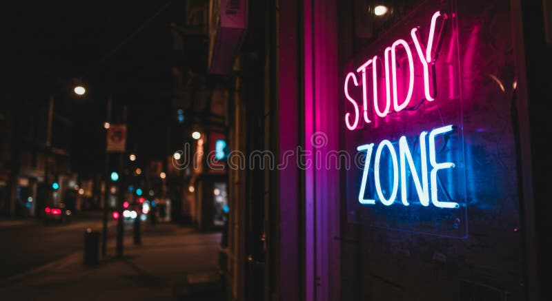 Neon Study Zone Sign Glowing at Night in City Street Stock Illustration ...