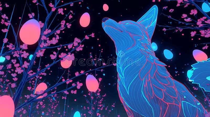 Neon-style Digital Artwork Featuring a Stylized Fox Outlined in Blue ...