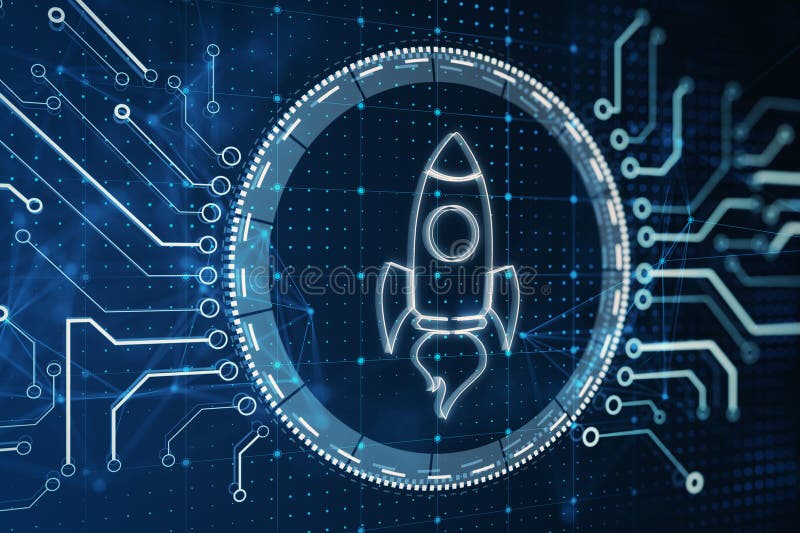 A Neon-styled Rocket Icon on a Blue Digital Circuit Board Background ...