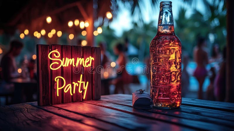 Neon Summer Party Sign with Bottle on Tropical Beach at Sunset Stock ...