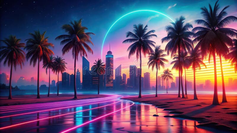 Neon Sunset Cityscape with Palm Trees and Glowing Road. Generative AI ...