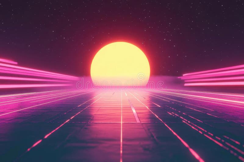 Neon Sunset, a Glowing Horizon with Grid Lines, Synthwave Aesthetic ...