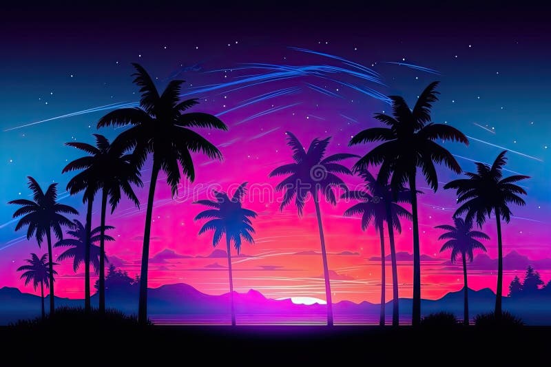 Neon Sunset Palm Trees Stock Illustrations 887 Neon Sunset Palm Trees